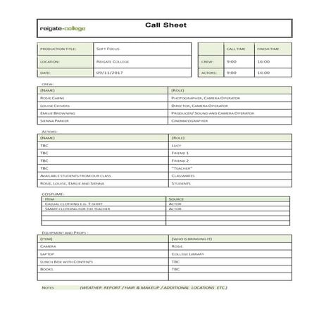 Call sheet | DOCX