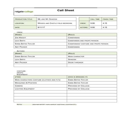 Location call sheet | DOC