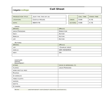 Call sheet | PDF