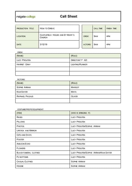 Call sheet | PDF