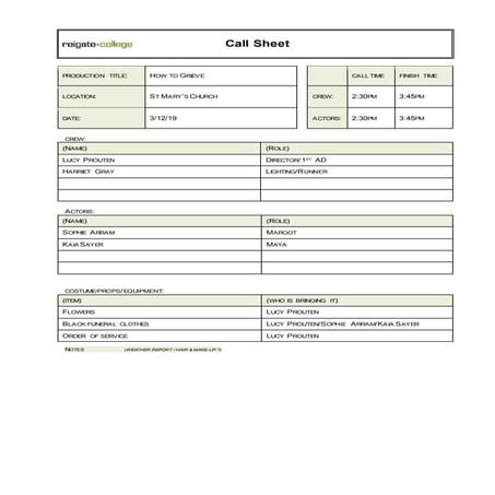 Call sheet - church ('How to Grieve') | DOCX