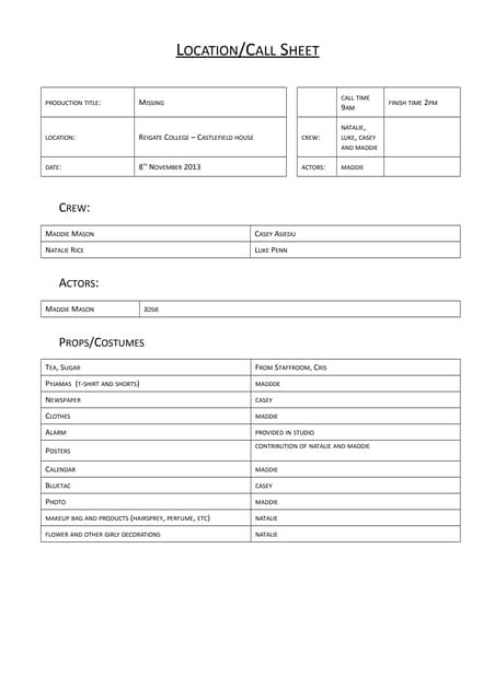 Location Call Sheet Template | PDF