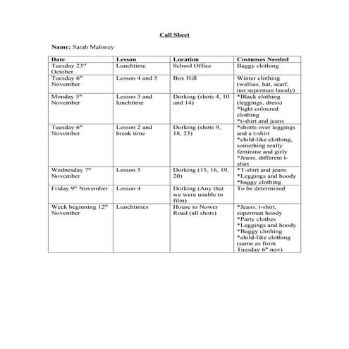 Call sheet - Sarah | DOC
