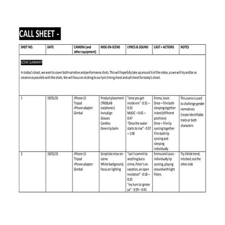 Call sheet shoot 2 - loops x scope | DOCX