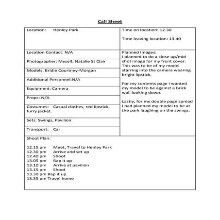 Call sheet 1 | DOCX