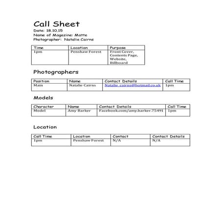Call sheet 1 | PDF