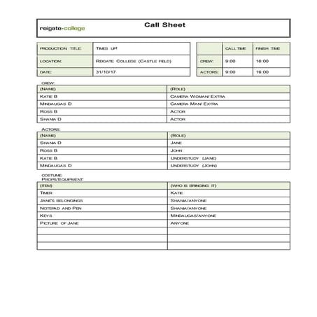 Call sheet | PDF