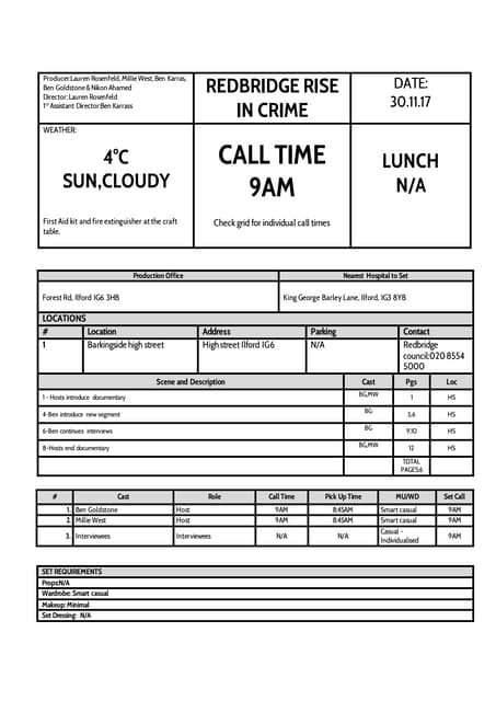 Task 5 - Call sheets | PDF