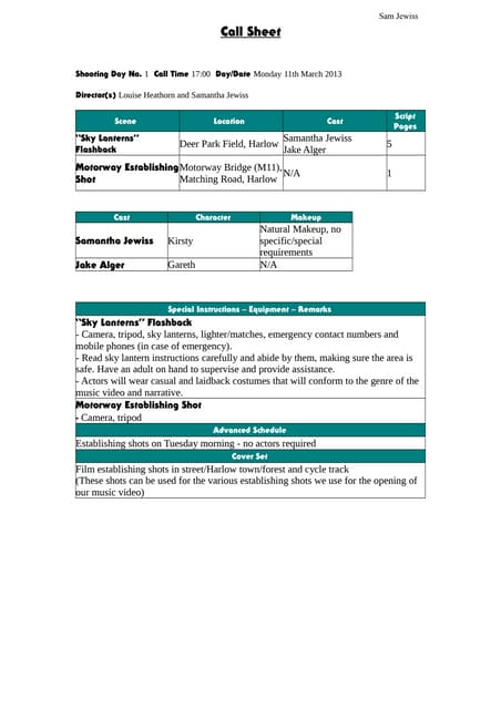 Call Sheet Sky Lanterns | DOC