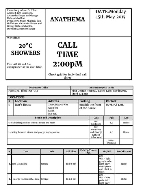 Call sheet2 | PDF