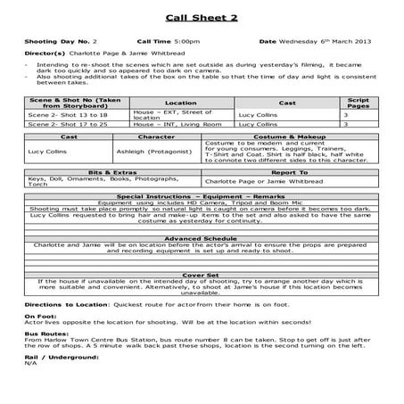 Call Sheet 2 | PDF