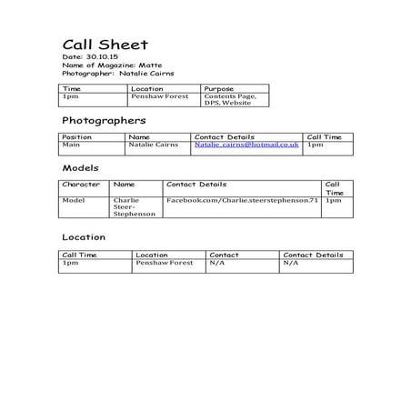 Call sheet 3 | DOCX