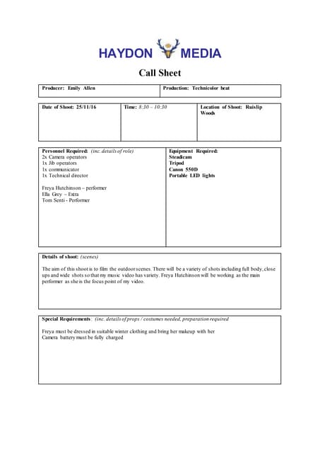 Call sheet 1 | DOCX | Cameras and Camcorders | Consumer Electronics