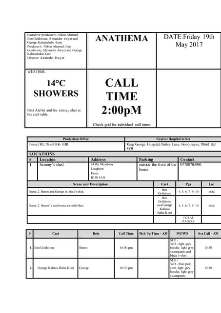 Call sheet call sheet | PDF