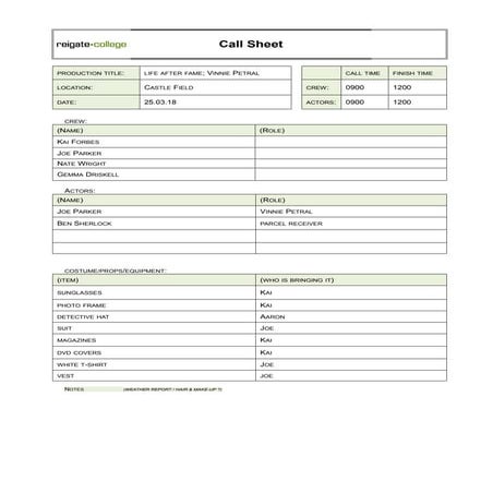 Call sheet | PDF