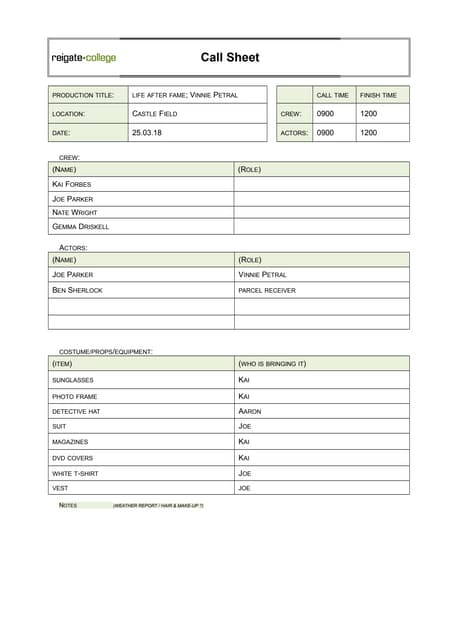 Film call sheet film 2 | DOCX | Women\'s Outerwear | Women\'s Clothing