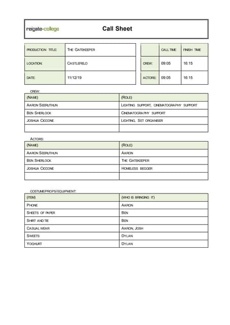 CALL SHEET | DOC