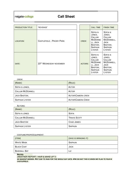 Call sheet | PDF