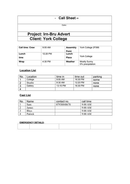 Call sheet 2017 (2) | PDF
