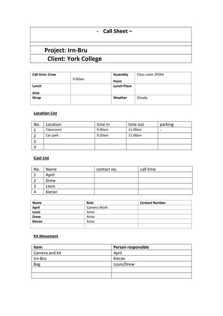 Call sheet 2017 (2) | PDF