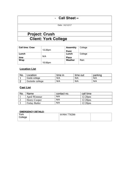 Call sheet 2017 (2) | PDF