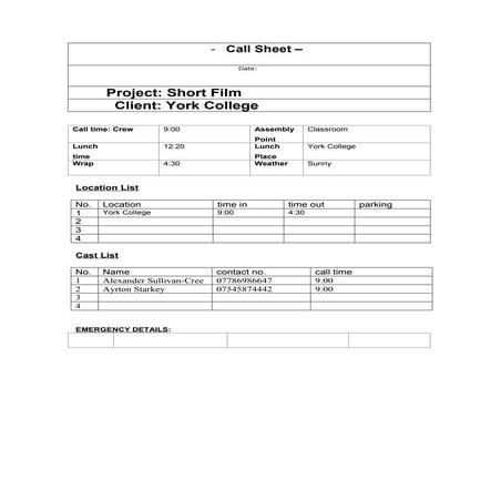 Call sheet 2019 | DOC