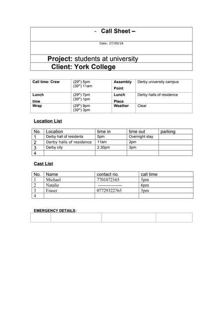 Film call sheet film 2 | DOCX | Women\'s Outerwear | Women\'s Clothing