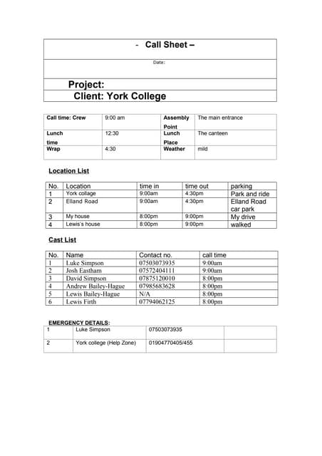 Call sheet 2017 (2) | PDF