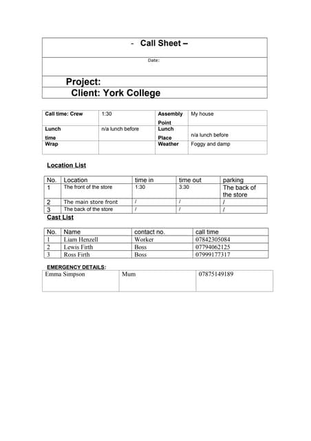 Call sheet 2017 (2) | PDF