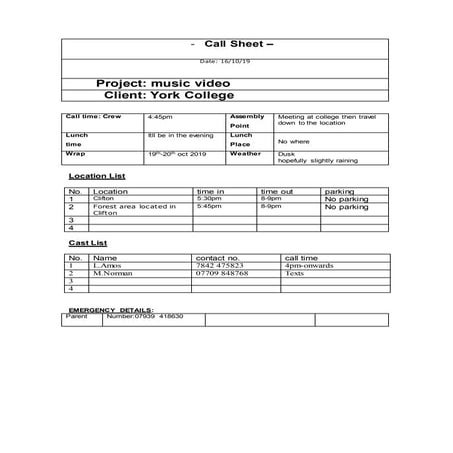 Call sheet | DOC