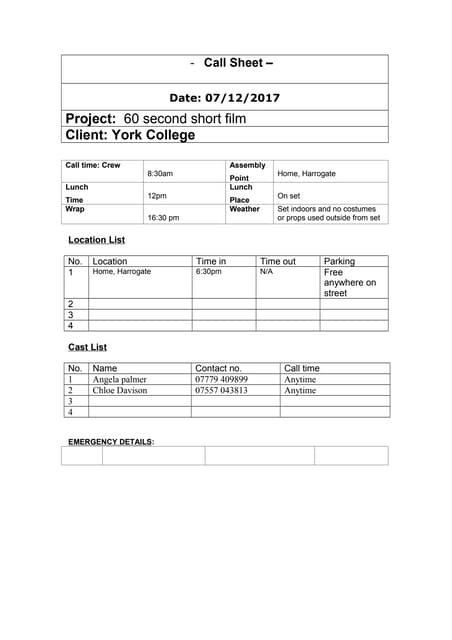 Call sheet 2017 | DOC