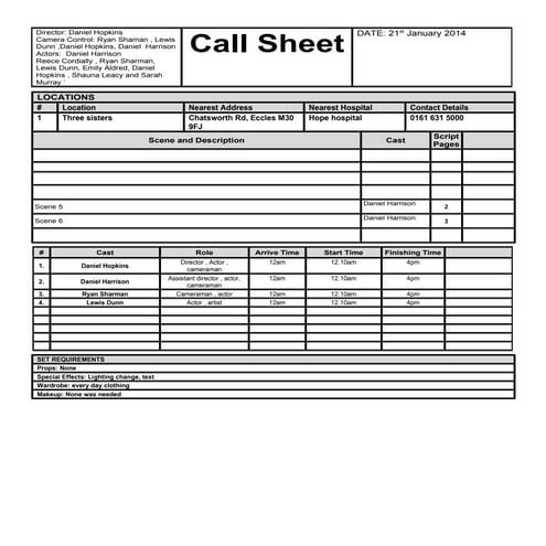 Call sheet 3 | PDF