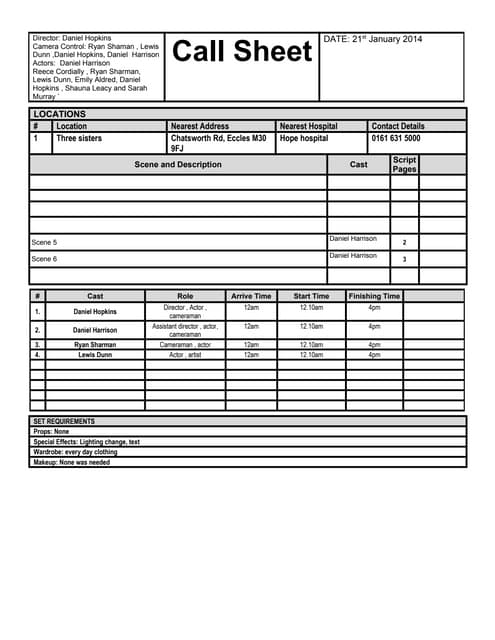 Call sheet 1 | DOC | Television | Entertainment
