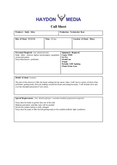 Call sheet 1 | DOCX | Cameras and Camcorders | Consumer Electronics