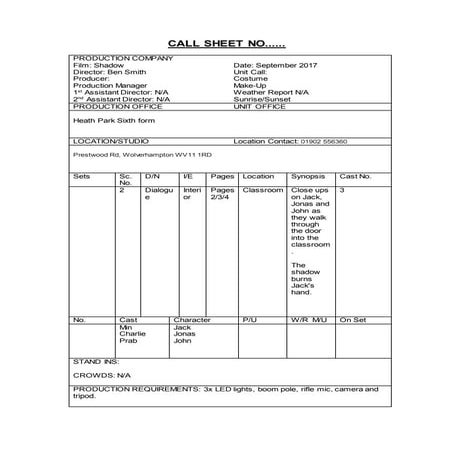 Call sheet template | DOC