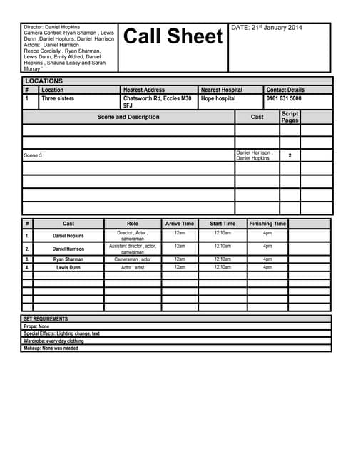 Call sheet 1 | DOC | Television | Entertainment