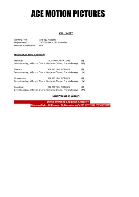Call Sheet Eskdale Sports Hall | PDF