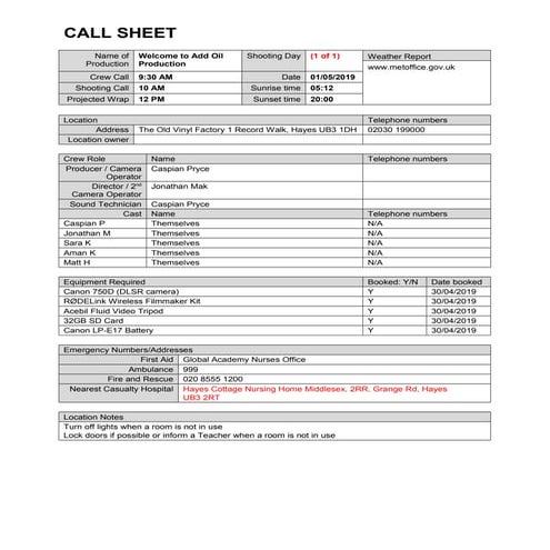 Call Sheet Alternative | PDF