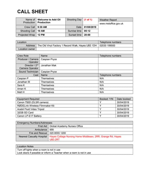 call sheet | PDF