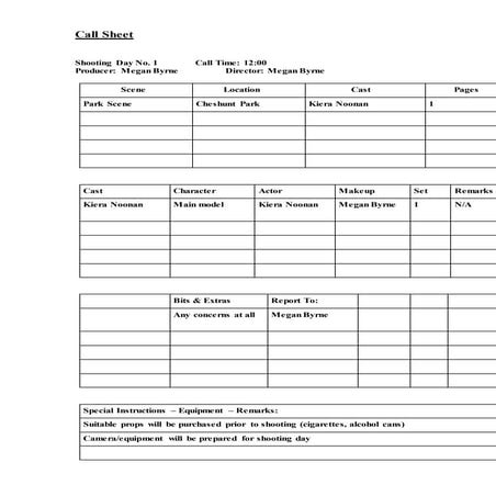Call Sheet ancillary tasks | DOCX