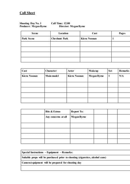 Call sheet 2 | PDF