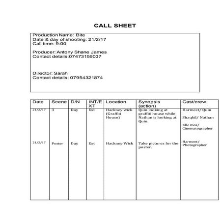 Call sheet blank 1 | PDF