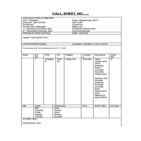 Call sheet corridor | DOCX