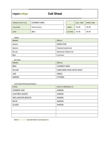 Call sheet | DOCX
