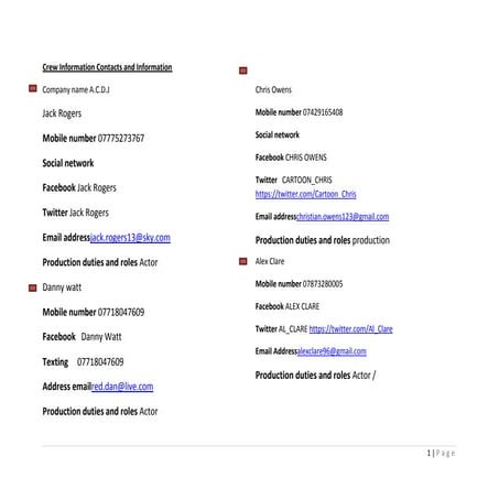 Call sheet of music video | DOCX
