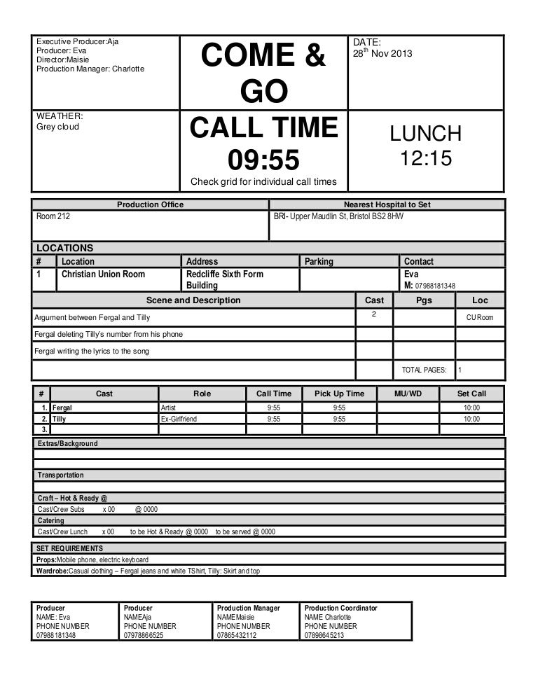 Call Sheet Call Sheet