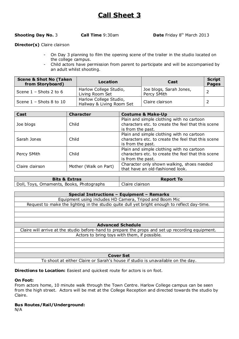 Call Sheet Example Call Sheet Example