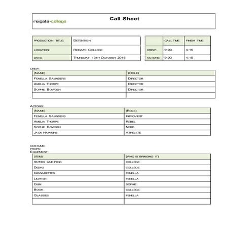 Call sheet fenella | DOCX