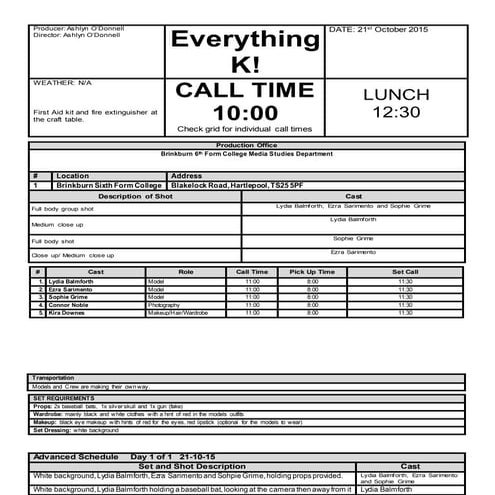 Callsheet for My Magazine | DOCX