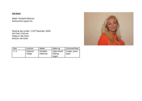 Photo Shoot Call Sheet | DOCX